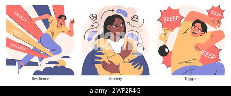 Overcoming fears set. Characters confronting fears with desensitization ...