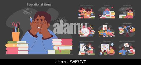 Educational stress set. Overwhelmed students grappling with deadlines ...