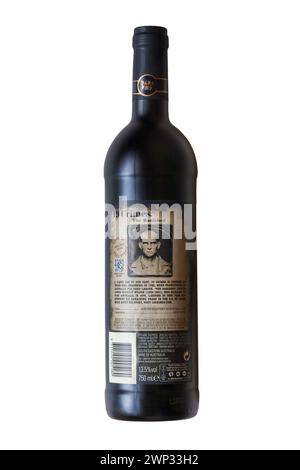 bottle of 19 Crimes The Banished dark red wine isolated on white ...