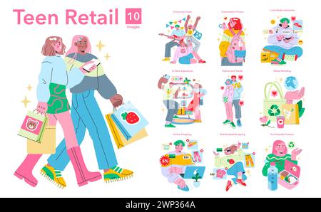Teen Retail set. Diverse adolescents engaging in shopping and social ...