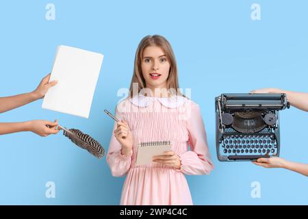 Female author with feather and paper sheets on green background Stock ...