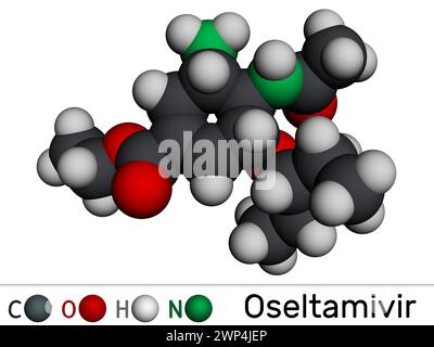 Oseltamivir antiviral drug molecule. Molecular model. 3D rendering ...