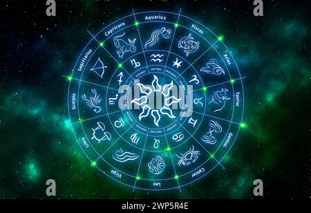 Zodiac wheel showing 12 signs against space Stock Photo - Alamy