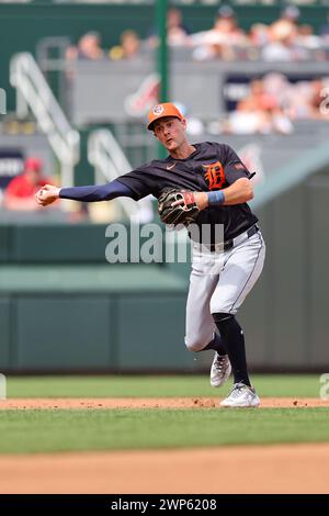 Detroit Tigers third baseman Zach McKinstry is unable to catch a foul ...