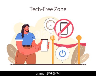 Digital detox. Character practicing mindfulness, reducing screen time ...