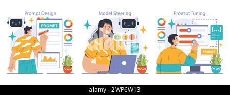 Prompt-engineers writing a command to a artificial neuron network. Artificial intelligence ...