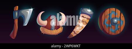 Viking game assets set isolated on black background. Vector cartoon illustration of sharp ...