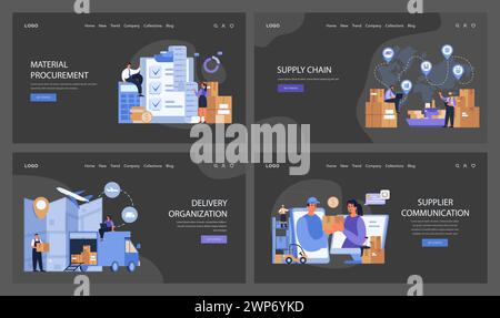 Supply Chain set. Comprehensive stages of logistics from production to feedback analysis ...