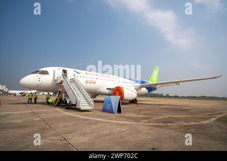 Vientiane. 4th Mar, 2024. This photo taken on March 4, 2024 shows a Chinese airplane ARJ21 at ...