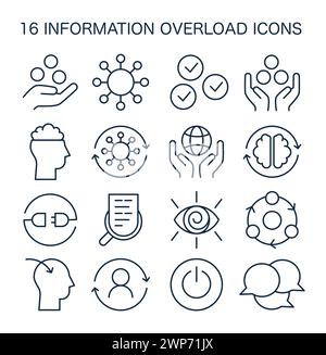 Information Overload Icons set. Graphic elements portraying brain fatigue, data management, and ...