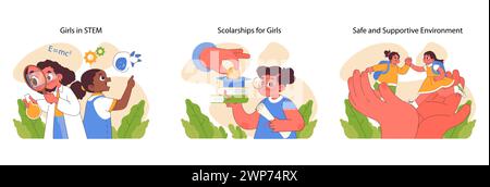 Empowering girls set. Young females exploring STEM fields, getting ...