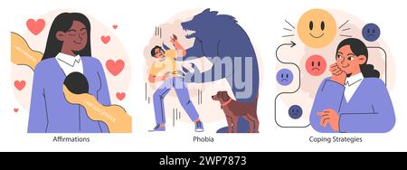 Overcoming fears set. Characters confronting fears with desensitization ...