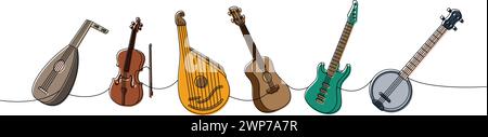 Bandura, string instrument one line continuous drawing. Musical ...
