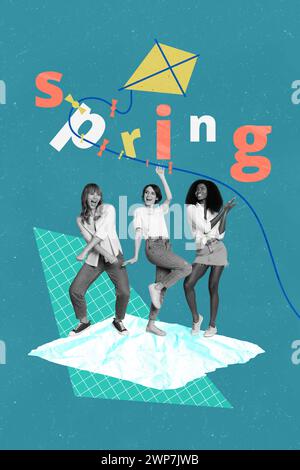 Creative collage picture dancing three ladies young friends company ...