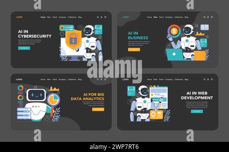 Ai integration web or landing set. Artificial intelligence, neural network assistance and ...