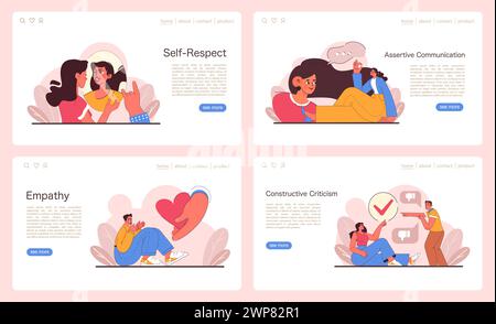 Assertiveness set. Characters display self-respect, conflict resolution, and empathy in ...