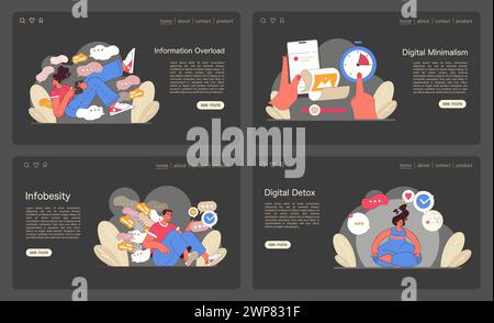 Information Overload concept set. Individuals navigating excess data in digital age. Managing ...