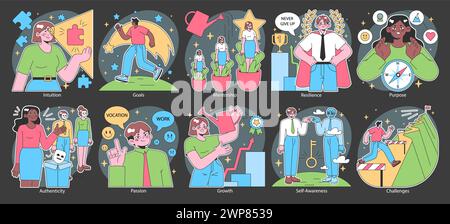 Finding your way in life set. Diverse character navigating personal ...