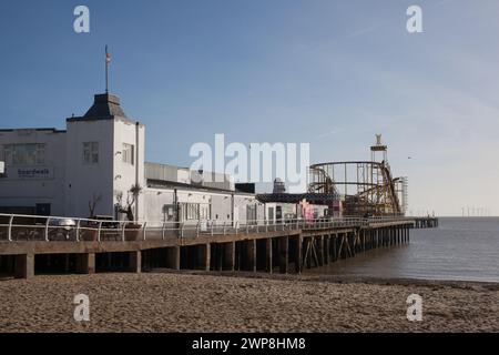 Views of Clacton Pier and the beach at Clacton on sea in Essex in the ...