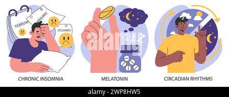 Insomnia set. Diverse characters suffering from sleep deprivation ...