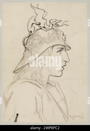 This artwork depicts Mars, the Roman god of war, seated with a flame ...