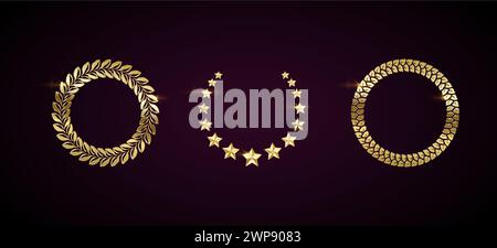 Golden laurel winner wreaths realistic vector illustration set. Classic victory garland element ...