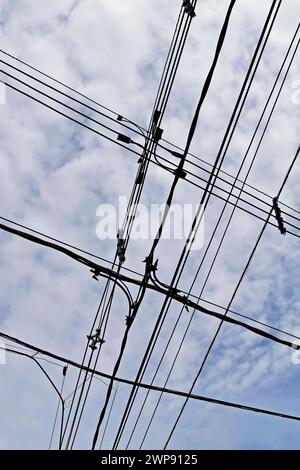 Electrical wires crossing and blue sky in Ribeirao Preto, Sao Paulo ...