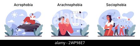 Phobia set. Human's irrational inner fears and panic. Mental disorder ...
