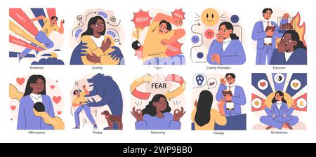 Overcoming fears set. Characters confronting fears with desensitization ...