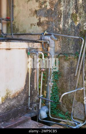 Waste PVC pipe drainage system inside building, piping on the ceiling ...