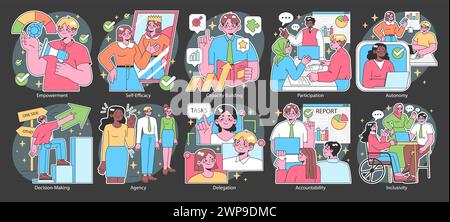 Empowerment set. Confident office employees, inclusive team collaboration. Worker autonomy in ...