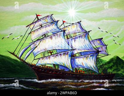 art oil painting sailboat , barque in sea from thailand , junk boat ...