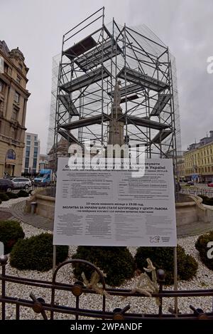 LVIV, UKRAINE - MARCH 5, 2024 - The monument to Roman Shukhevych, the ...