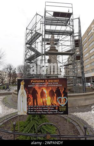 LVIV, UKRAINE - MARCH 5, 2024 - The monument to Roman Shukhevych, the ...