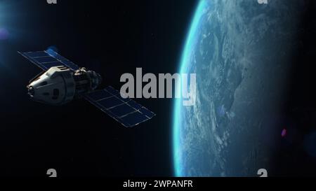 3D animation of satellite attacking Earth planet with laser weapon from ...