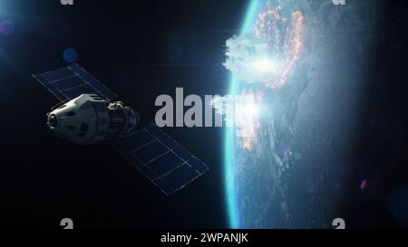 3D animation of satellite attacking Earth planet with laser weapon from ...