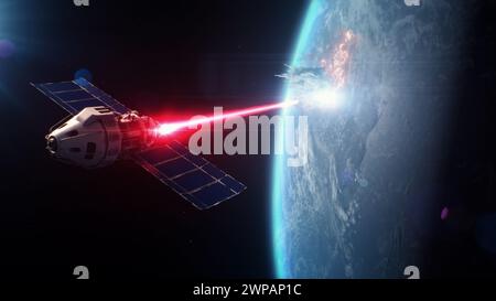3D animation of satellite attacking Earth planet with laser weapon from ...