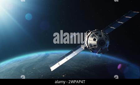 3D VFX graphics of satellite attacking another satellite with laser ...