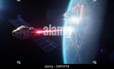 3D animation of satellite attacking Earth planet with laser weapon from ...