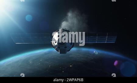 3D VFX graphics of satellite attacking another satellite with laser ...