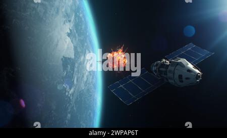 3D VFX rendering of the space-based satellite attacking object with ...