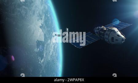 3D VFX rendering of the space-based satellite attacking object with ...
