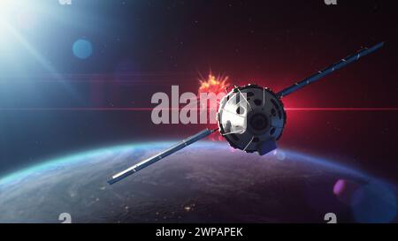 3D VFX graphics of satellite attacking another satellite with laser ...