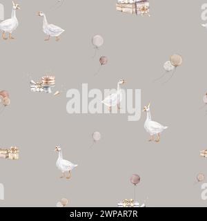 Pattern with Air Balloons and goose, gifs. Watercolor seamless ...