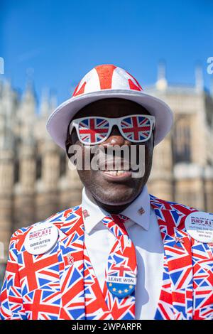 Pro-Brexit demonstrator wears a suit with a pattern of British Union ...