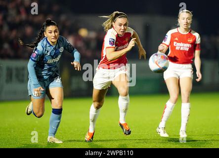 Aston Villa's Maz Pacheco and Arsenal's Emily Fox battle for the ball ...