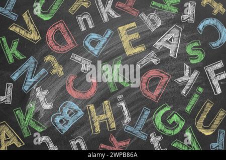 Uppercase and lowercase Latin letters are written in chalk on a school ...
