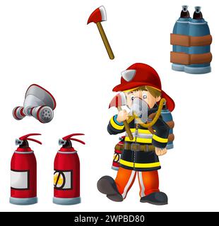 Cartoon happy and funny fireman working on white background with tools ...