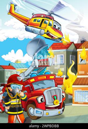cartoon stage with different machines for firefighting helicopter and ...