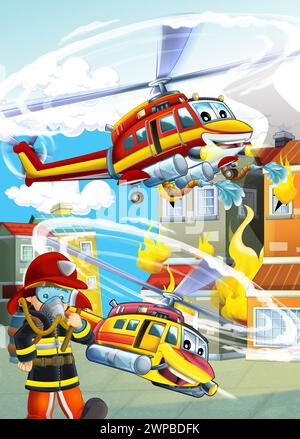 cartoon scene with fire fighter machines helicopters illustration for ...